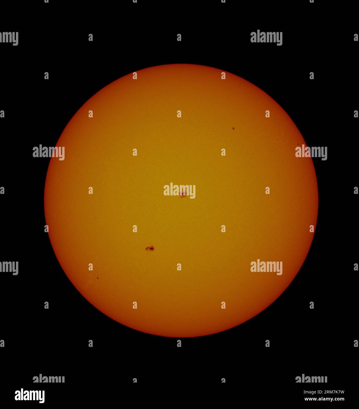London, UK. 27th Aug, 2023. Two large Earth facing sunspots visible ...