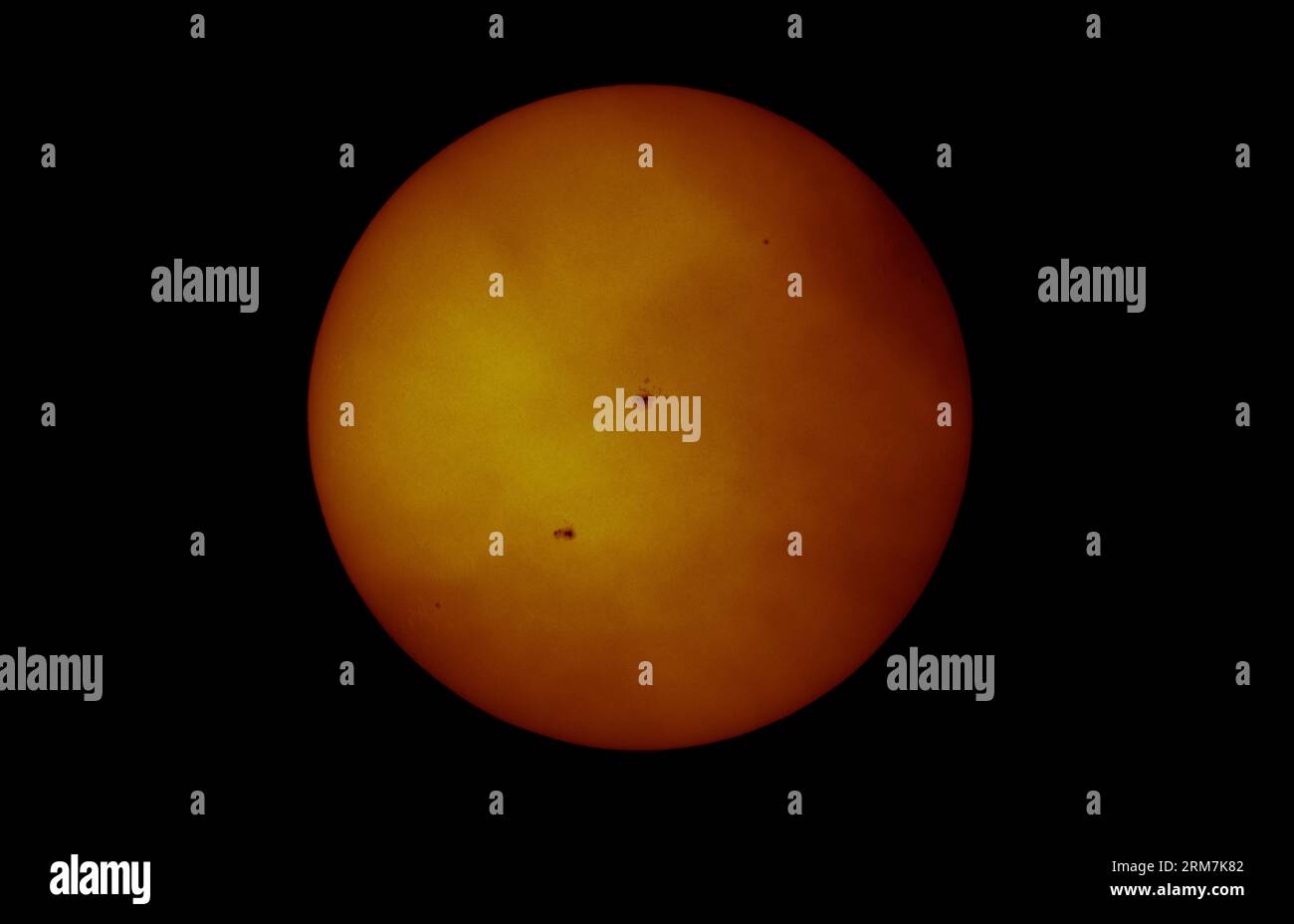 London, UK. 27th Aug, 2023. Two large Earth facing sunspots visible ...