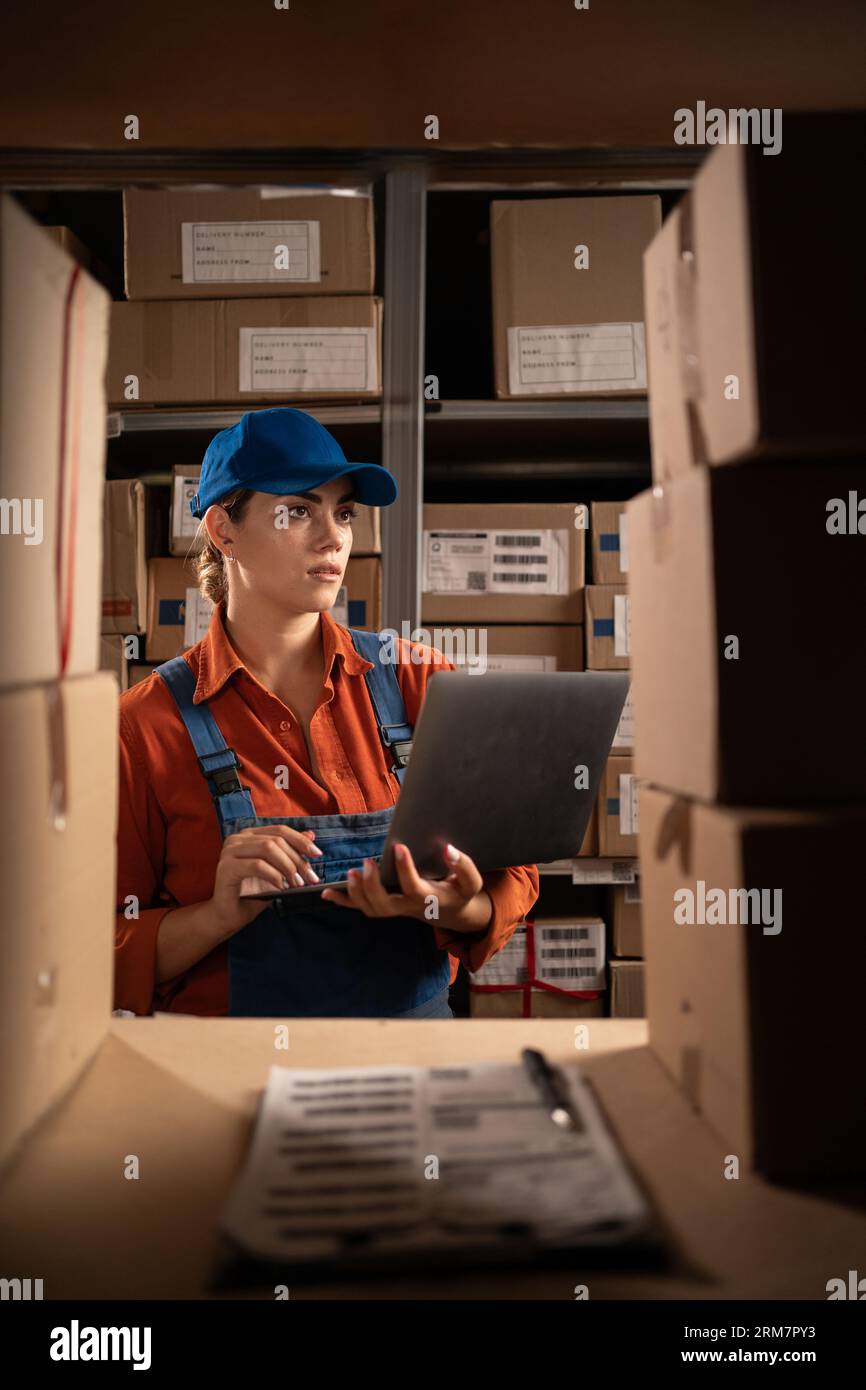 Female inventory manager checks stock using laptop computer working in ...