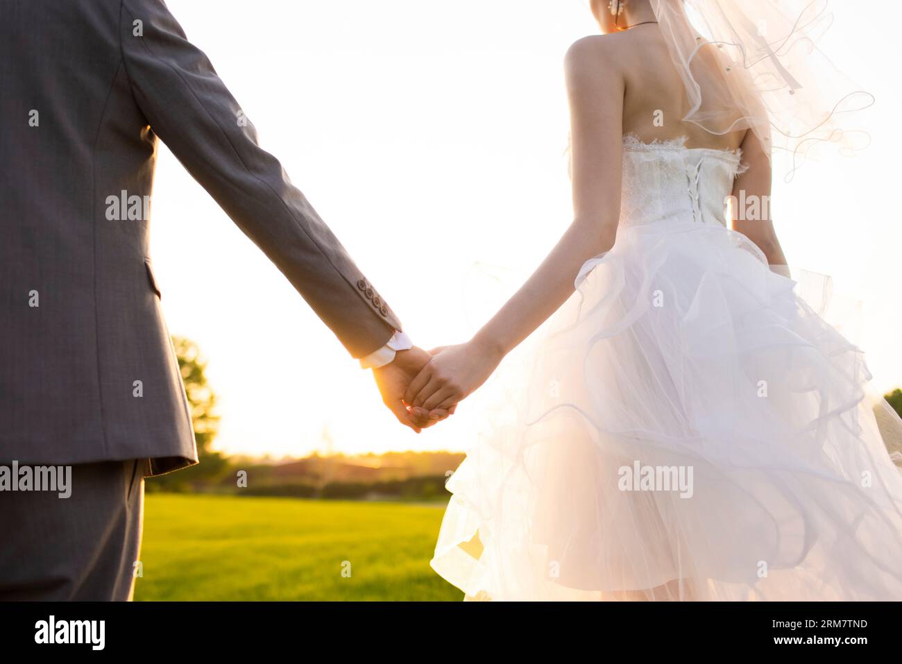 Happy bride and groom holding hands Stock Photo - Alamy