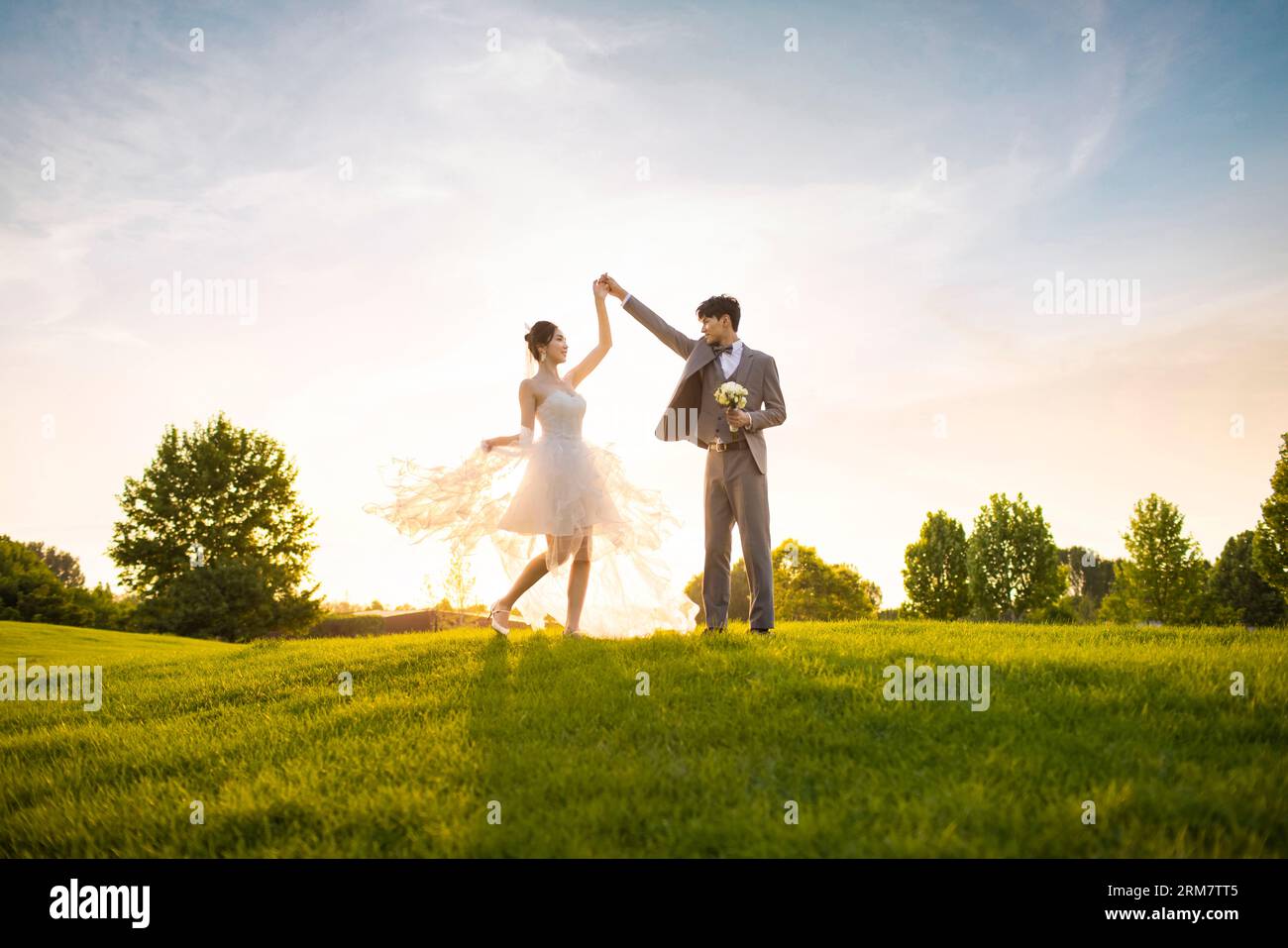 Happy bride and groom dancing on the grass Stock Photo - Alamy