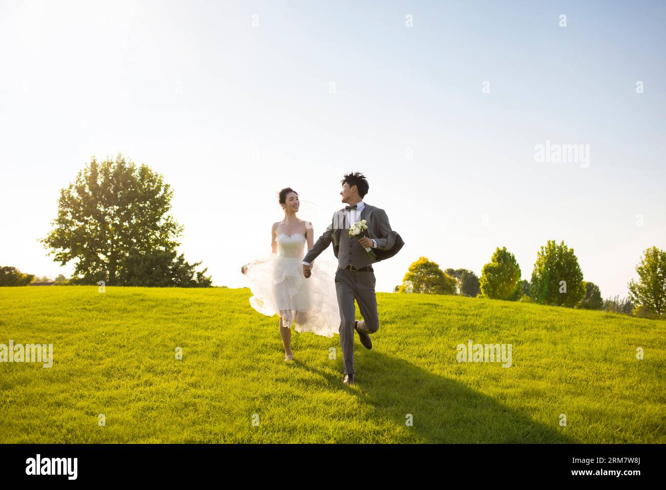 Happy bride and groom running on the grass Stock Photo - Alamy