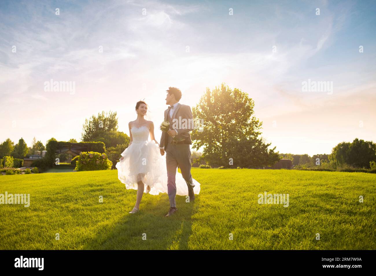 Happy bride and groom running on the grass Stock Photo - Alamy