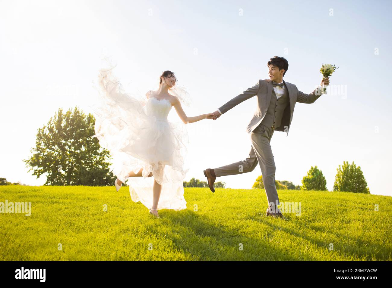 Happy bride and groom running on the grass Stock Photo - Alamy