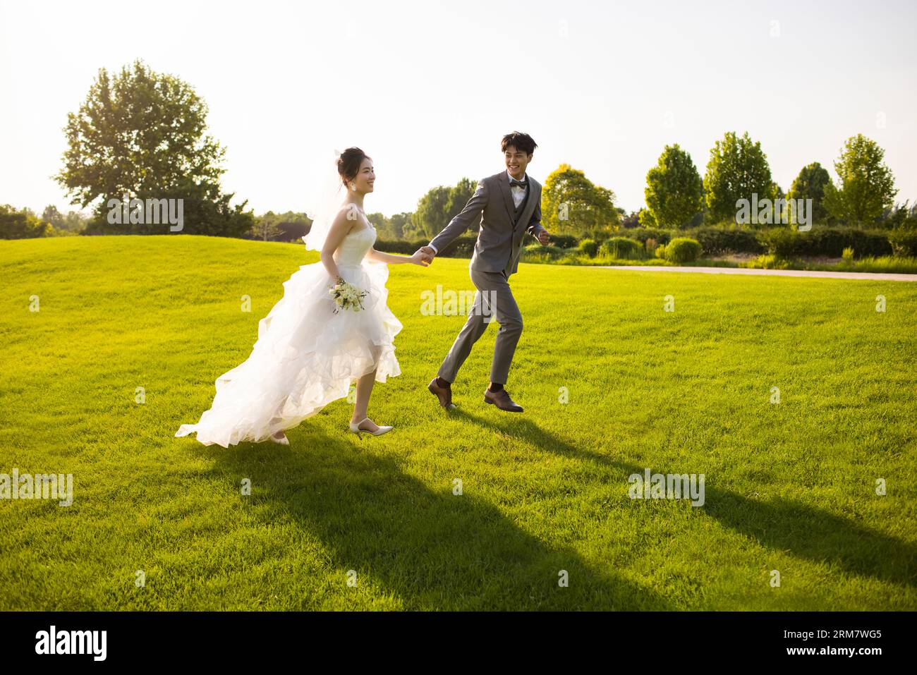 Happy bride and groom running on the grass Stock Photo - Alamy