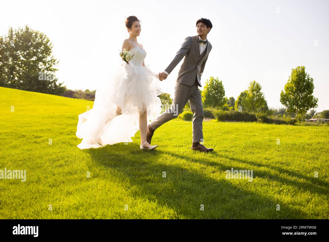 Happy bride and groom running on the grass Stock Photo - Alamy