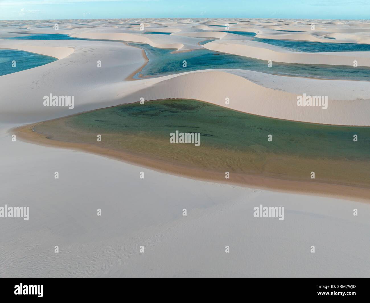 Aerial view of Lencois Maranhenses. White sand dunes with pools of ...