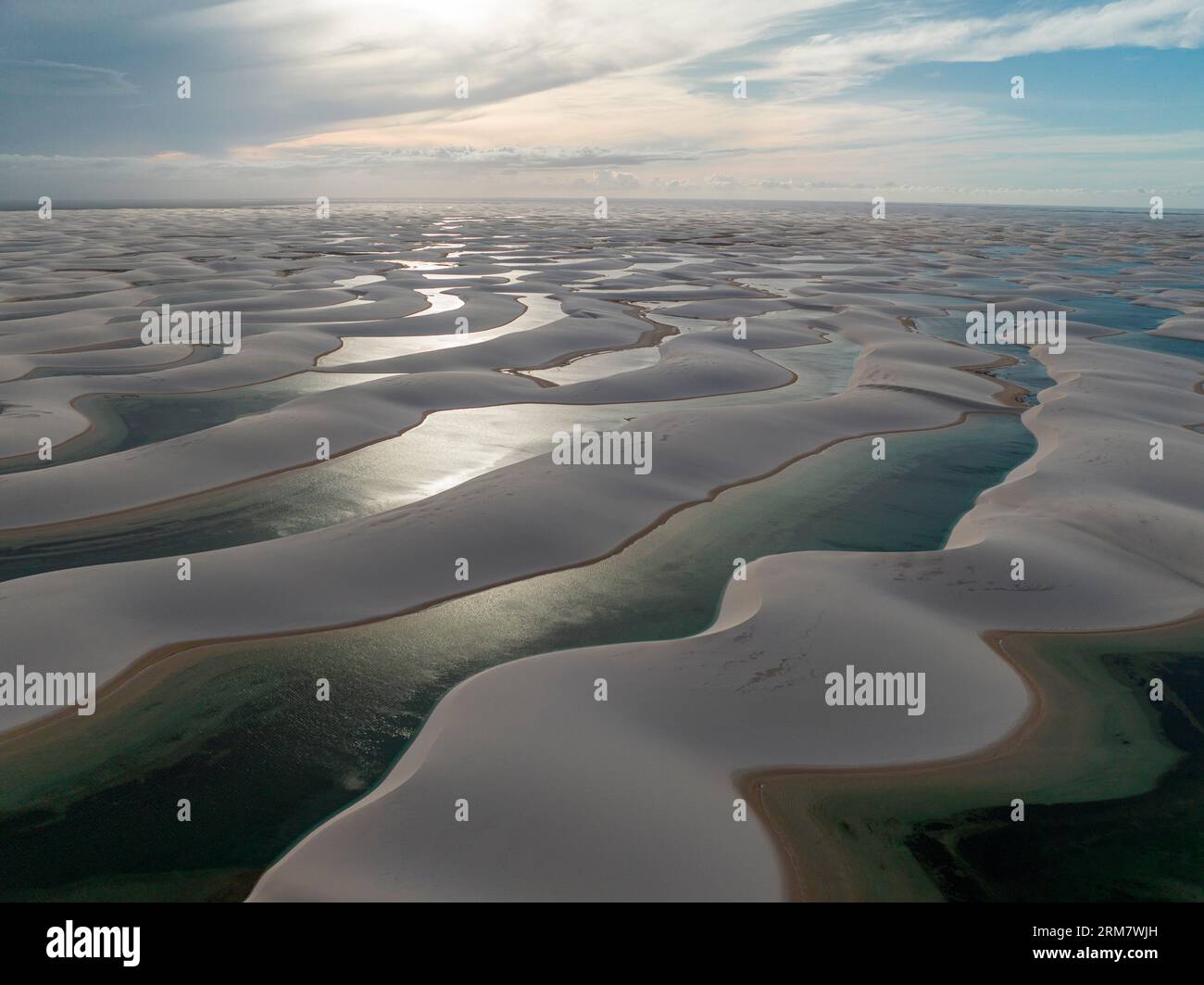 Aerial view of Lencois Maranhenses. White sand dunes with pools of ...