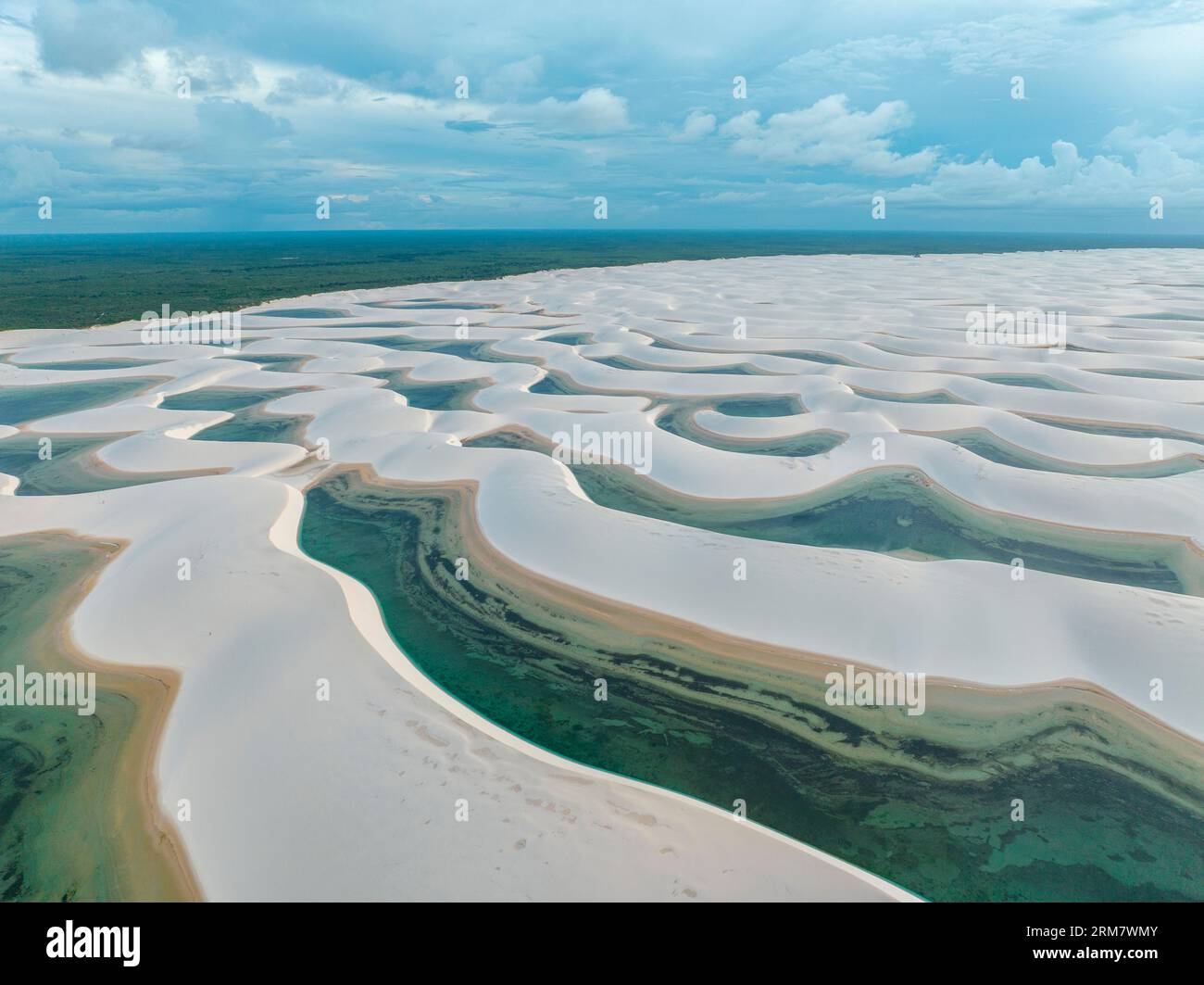 Aerial view of Lencois Maranhenses. White sand dunes with pools of ...