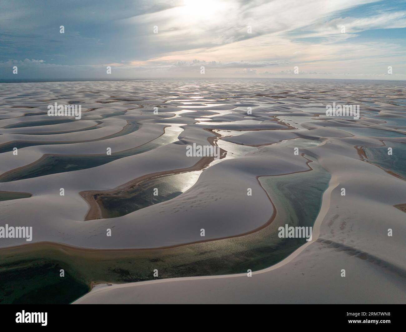 Aerial view of Lencois Maranhenses. White sand dunes with pools of ...
