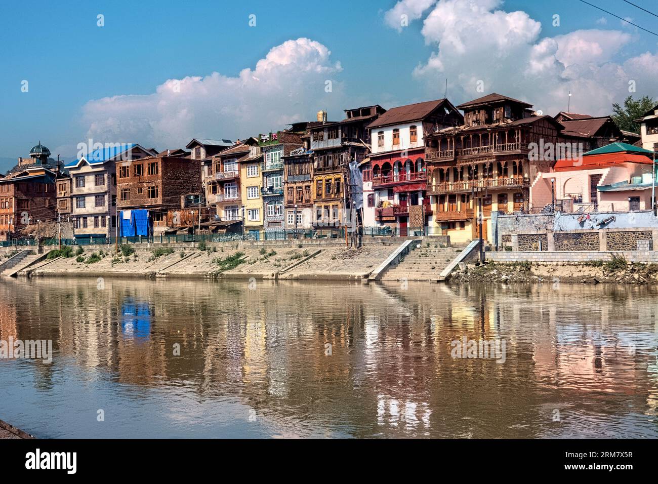 Crumbling old homes on the Jhelum River, Srinagar, Kashmir, India Stock ...
