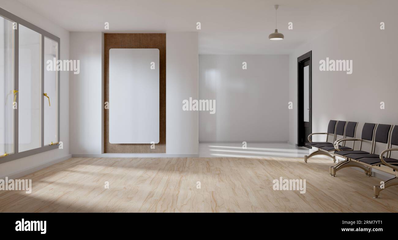 waiting area with mock up frame in customer service area, 3d ...