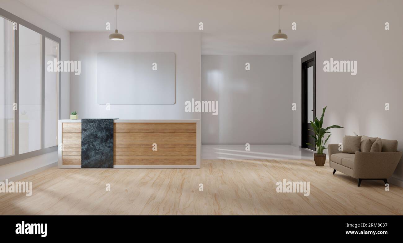 reception desk with mock up frame in customer service area, 3d ...