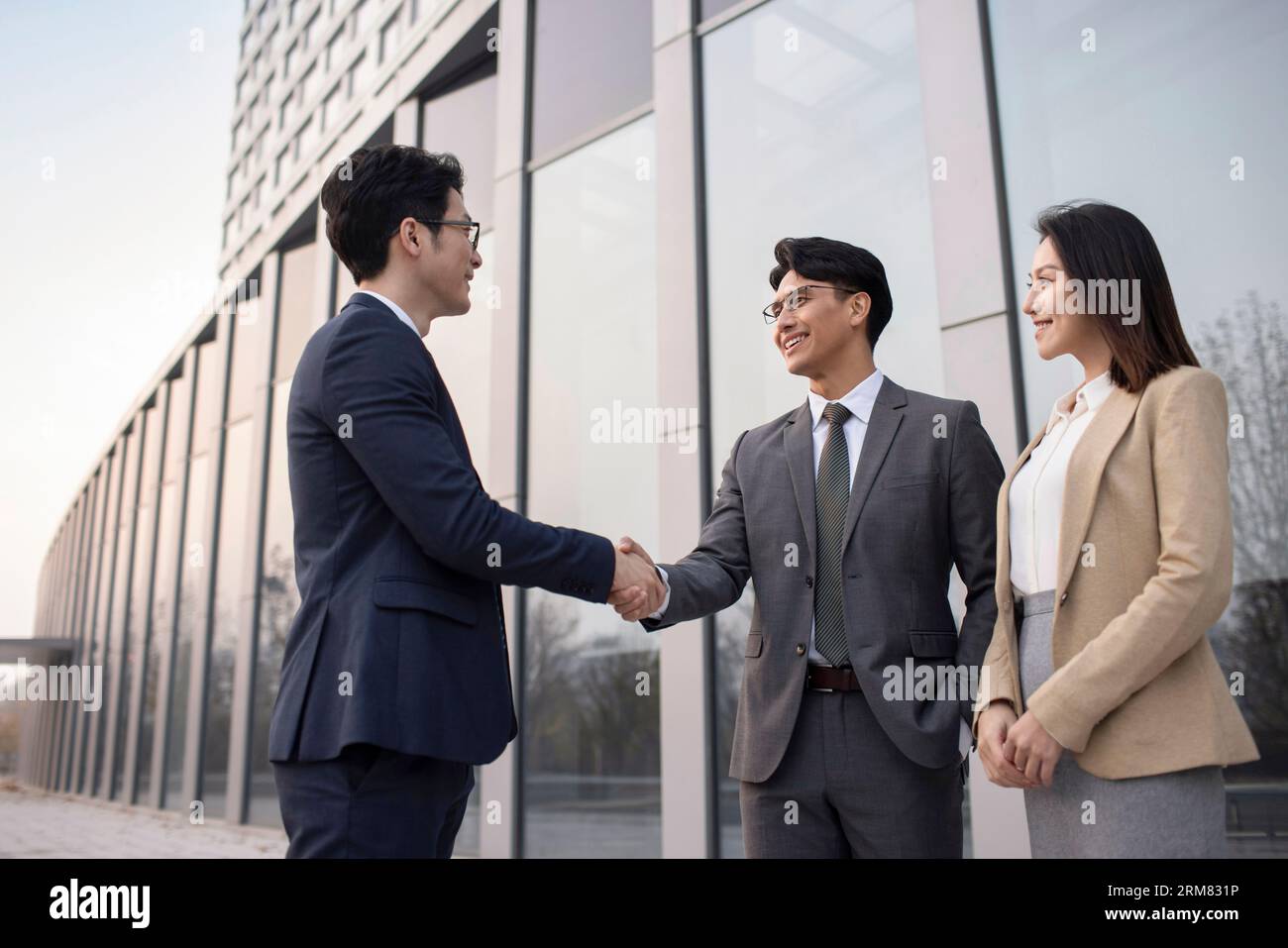 Standing shaking hands looking away smiling greeting hi-res stock ...