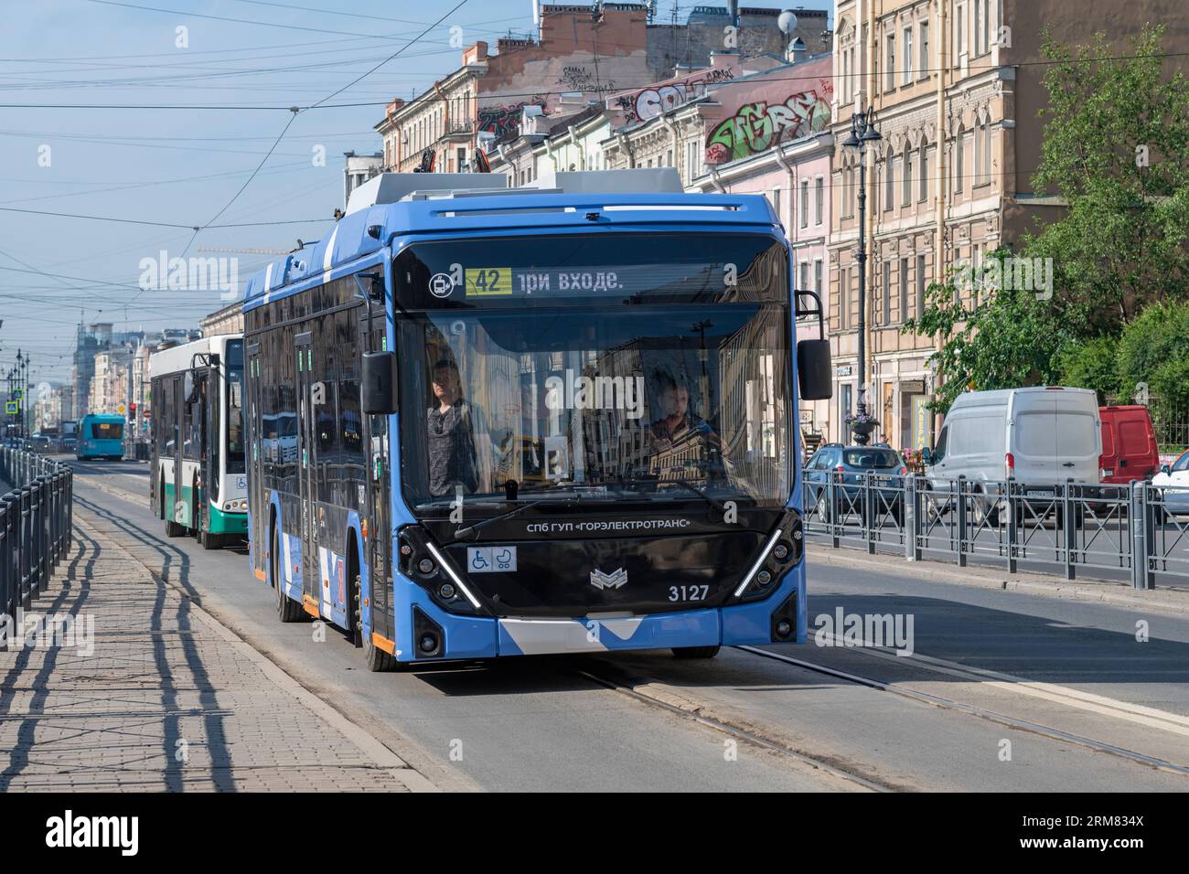 SAINT PETERSBURG, RUSSIA - JUNE 27, 2023: Belarusian trolleybus BKM 32100D "Olgerd" on a ...