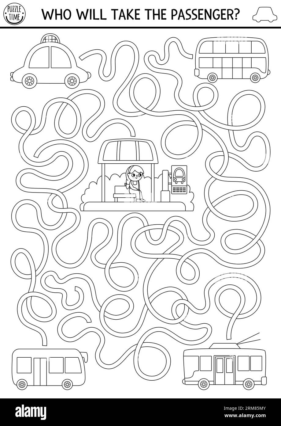 Transportation black and white maze for kids with girl waiting for ...