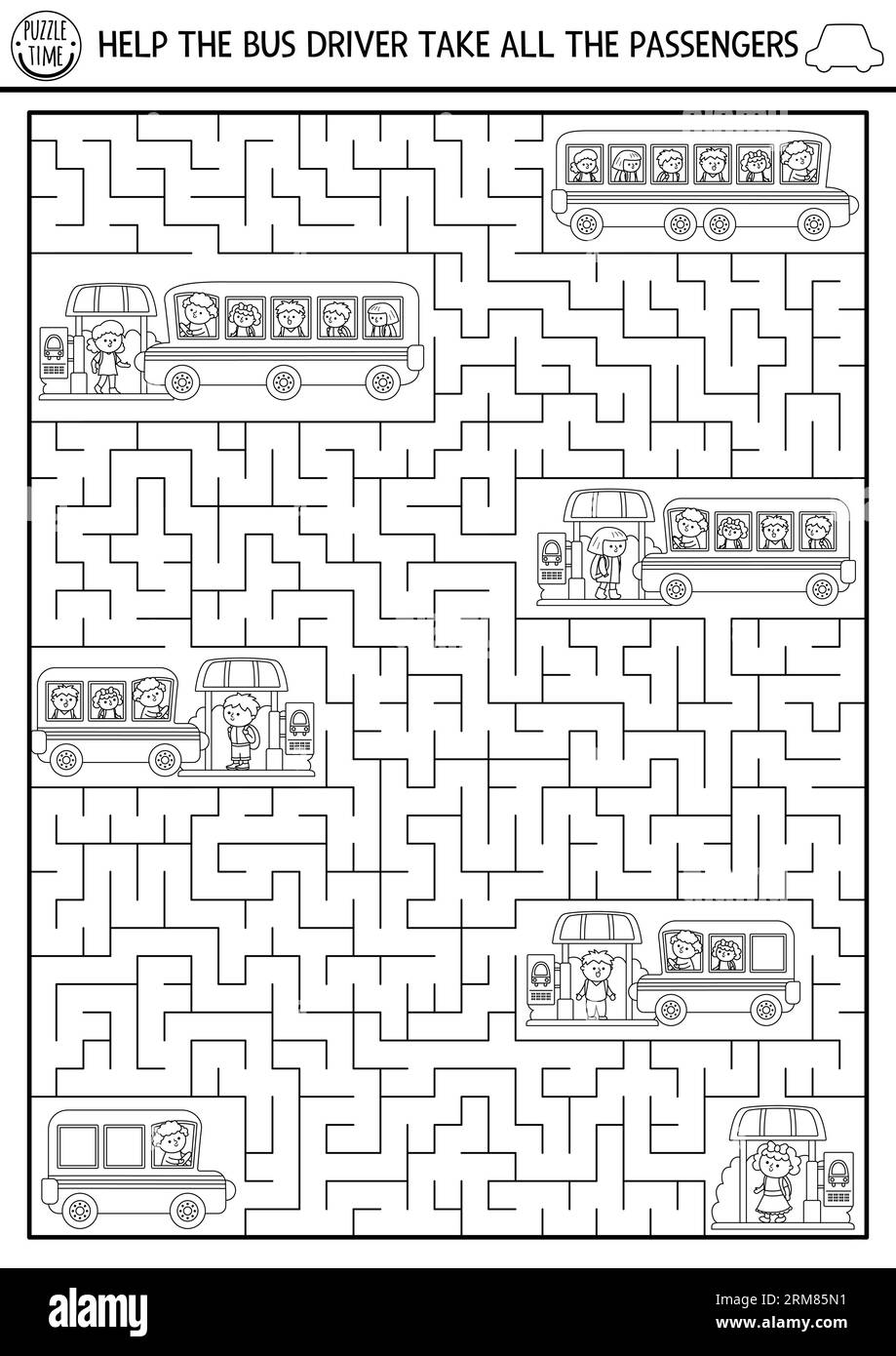 Transportation black and white maze for kids with school bus and pupils ...