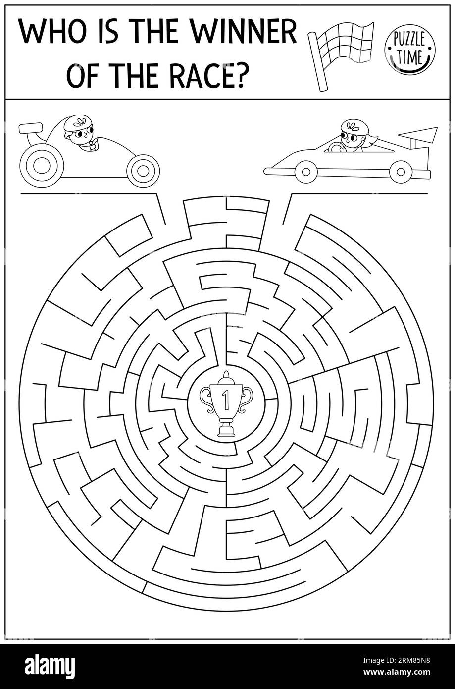 Transportation black and white maze for kids with racing cars on track ...