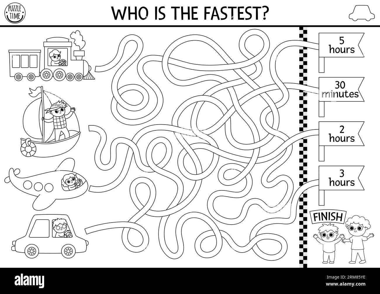 Transportation black and white maze for kids with car, train, boat ...
