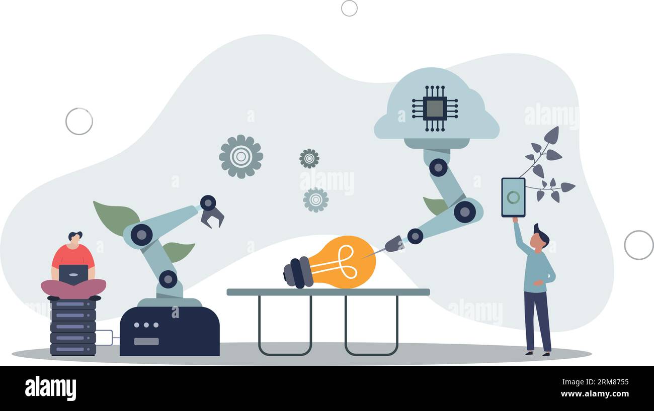 work together with robots to design lamp on conveyor line.flat vector ...