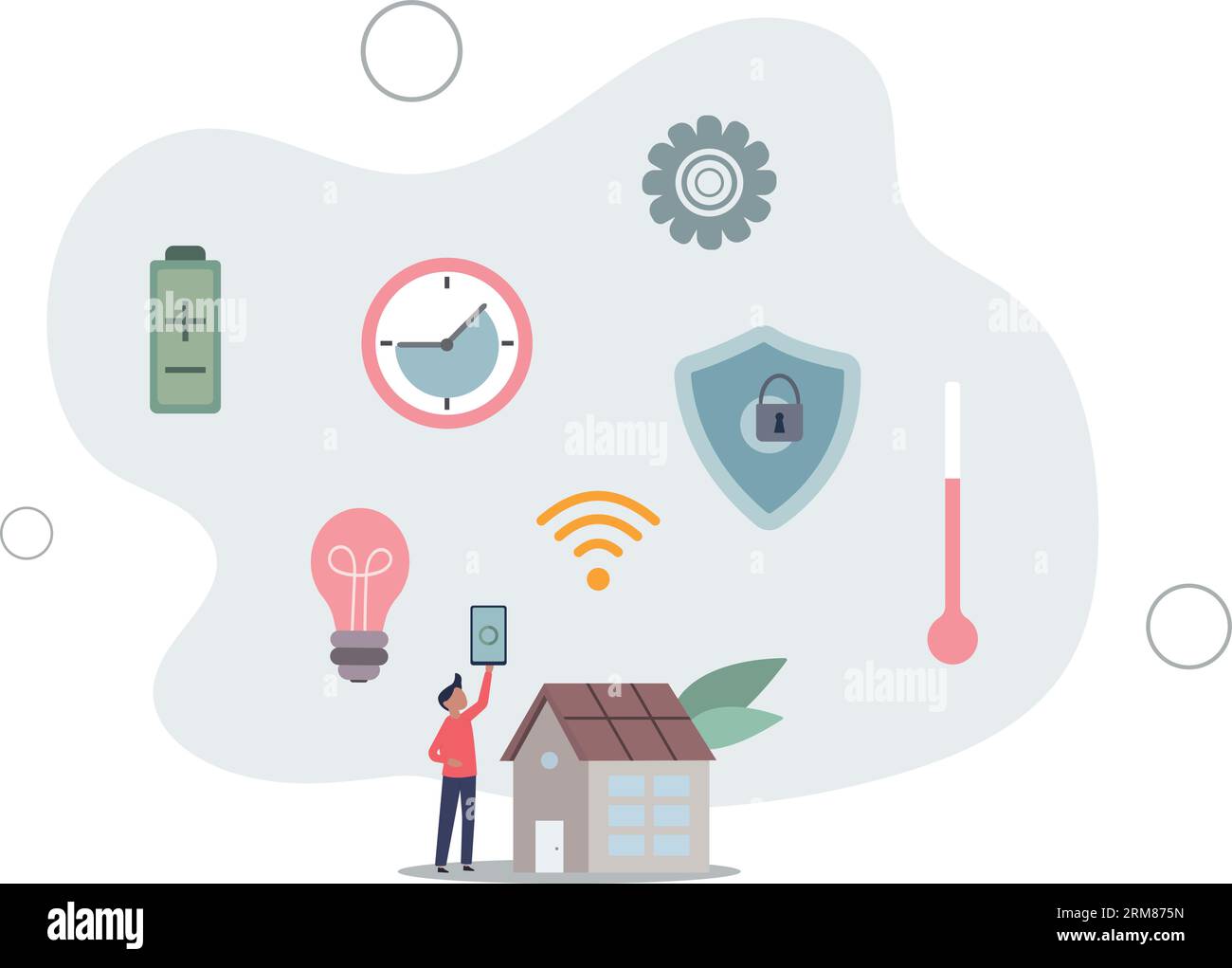 Cartoon hand with mobile app in phone monitoring system of building ...