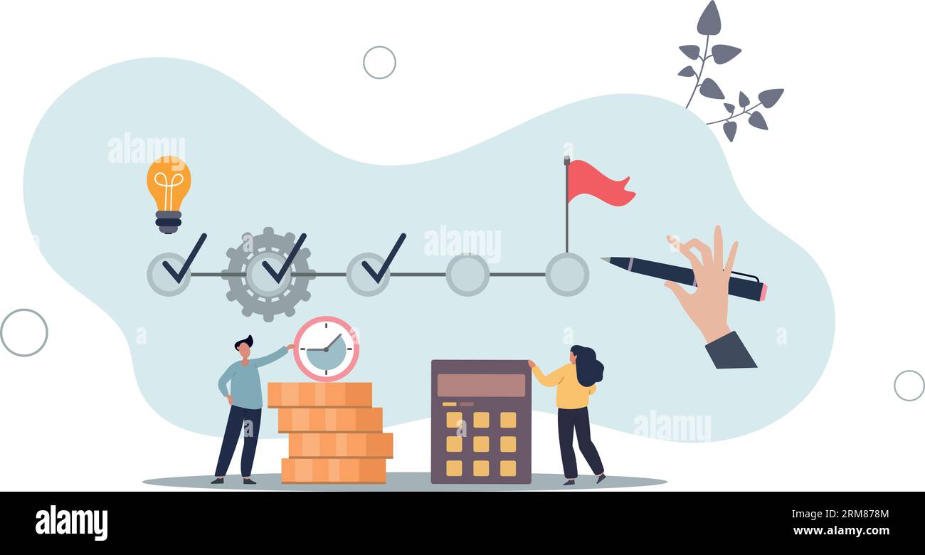 Business solution and goals.Cartoon tiny people mark points in timeline ...