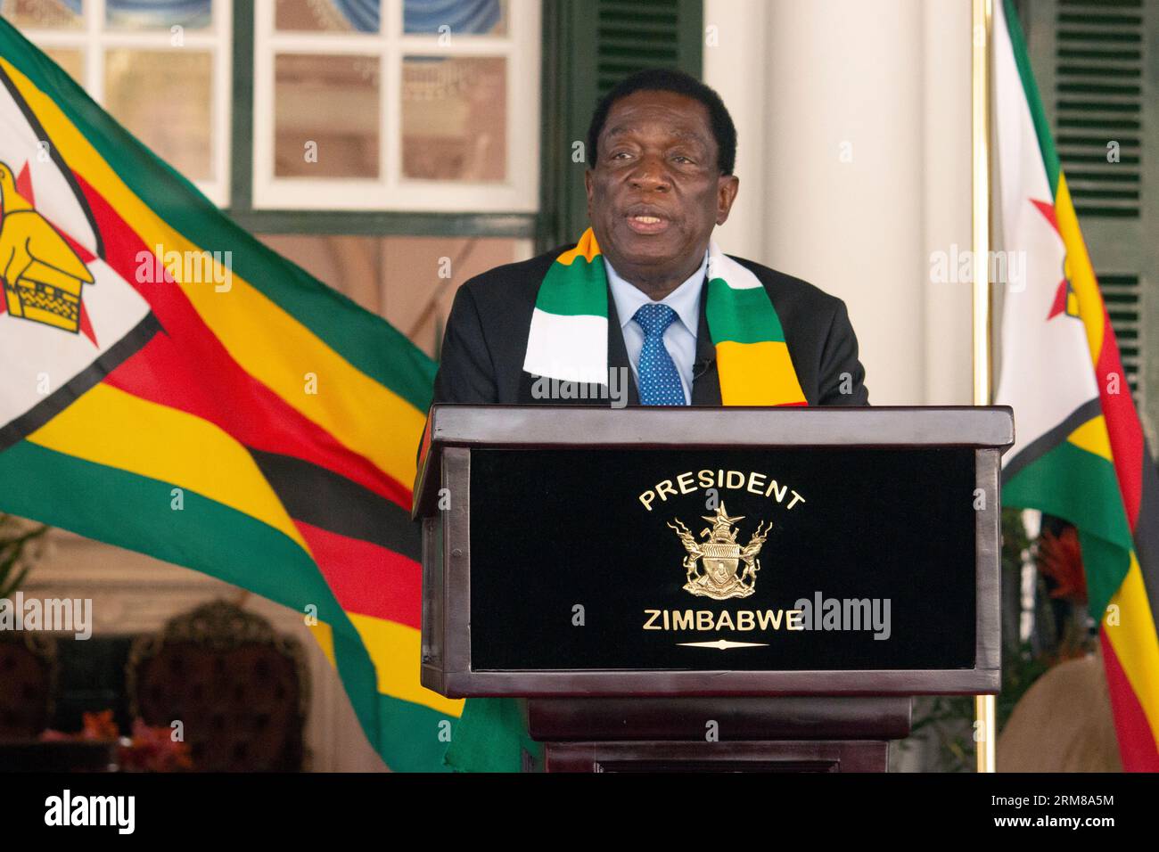 Zimbabwean President Emmerson Mnangagwa addresses a press conference at ...