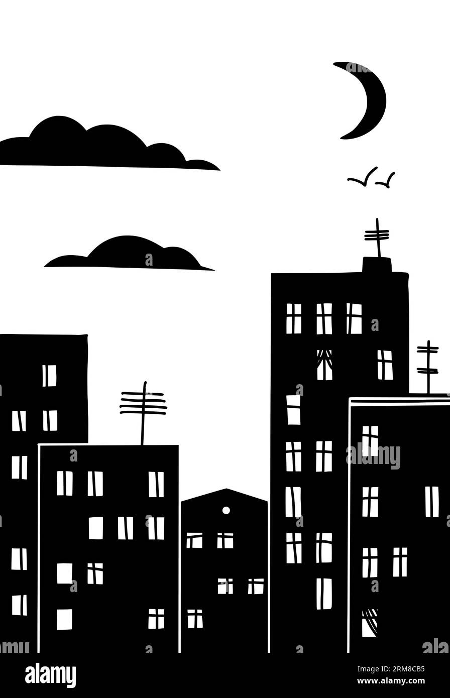 Stylized City Vertical Drawing. Black Silhouette on White Background ...
