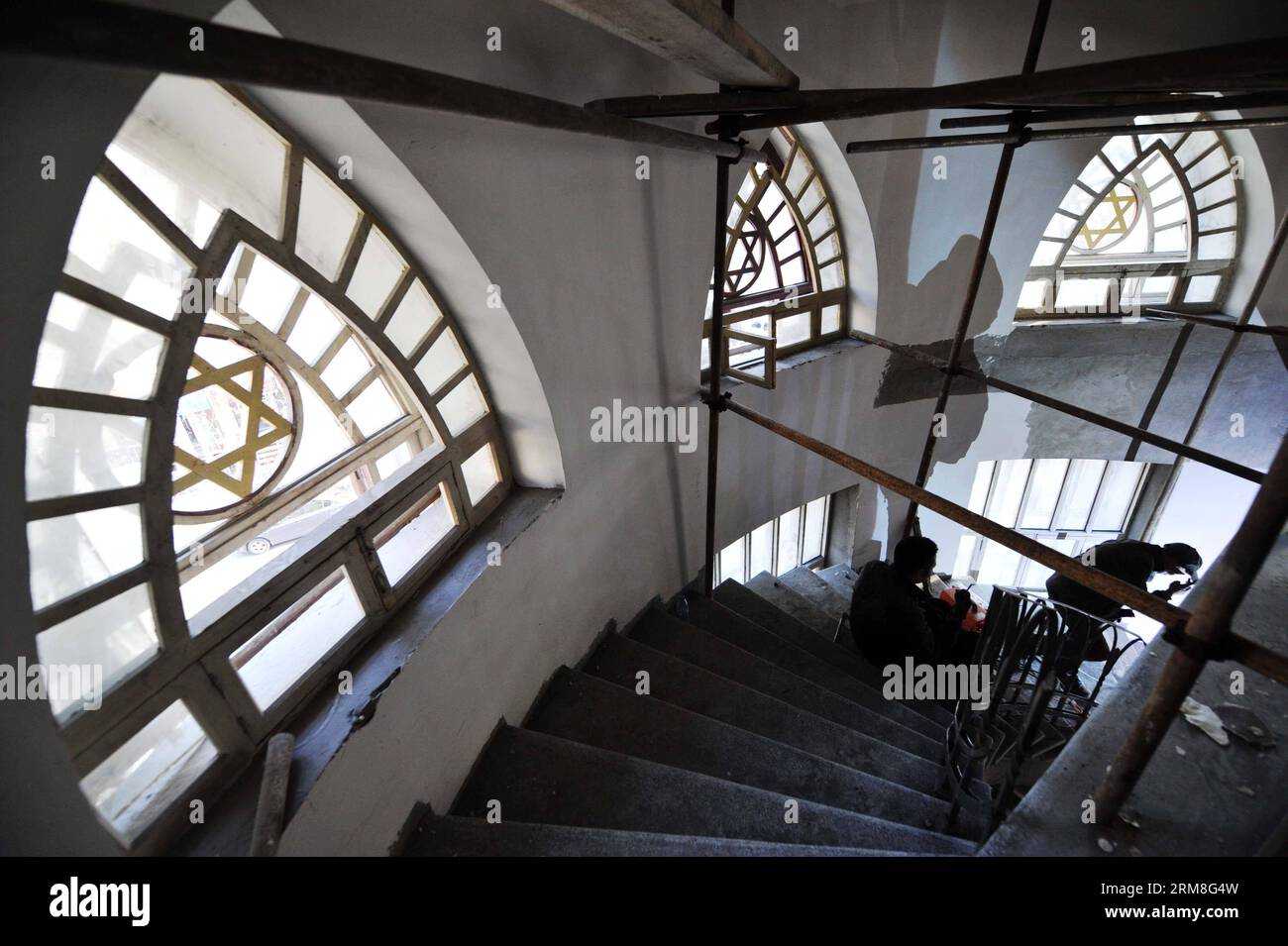Workers restore the interior of the Old Synagogue in Harbin, capital of ...