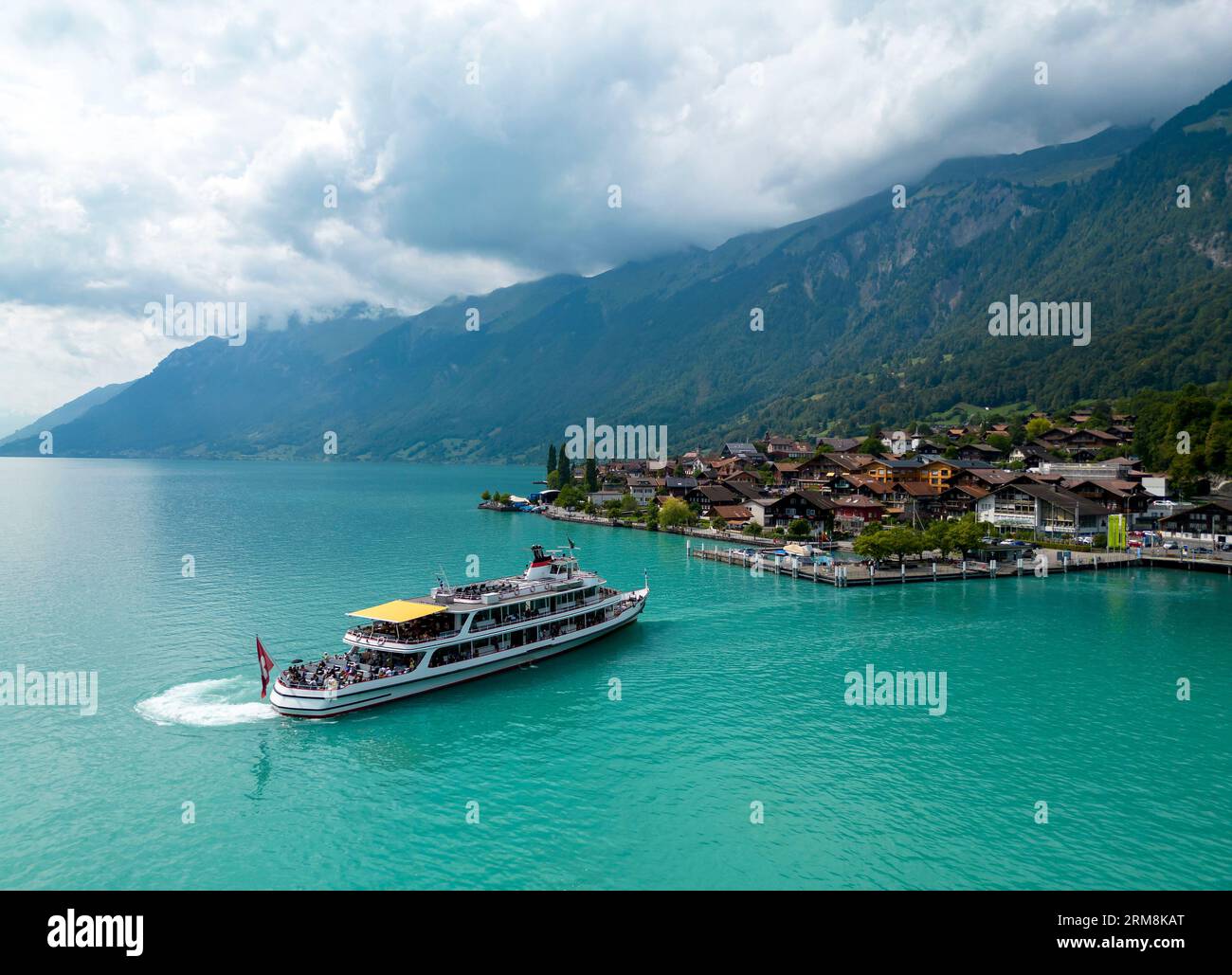 Aerial view of the Brienz cruise ship leaving Brienz, Canton of Bern ...