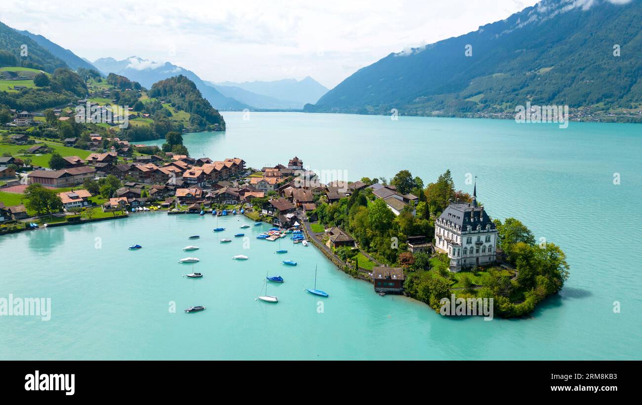 Aerial view of Iseltwald village on the southern shore of Lake Brienz ...