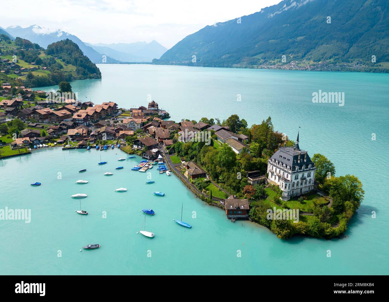 Aerial view of Iseltwald village on the southern shore of Lake Brienz ...