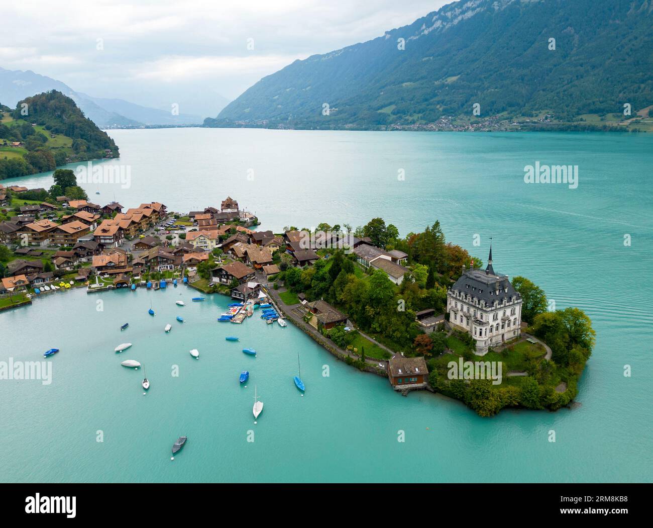 Aerial view of Iseltwald village on the southern shore of Lake Brienz ...