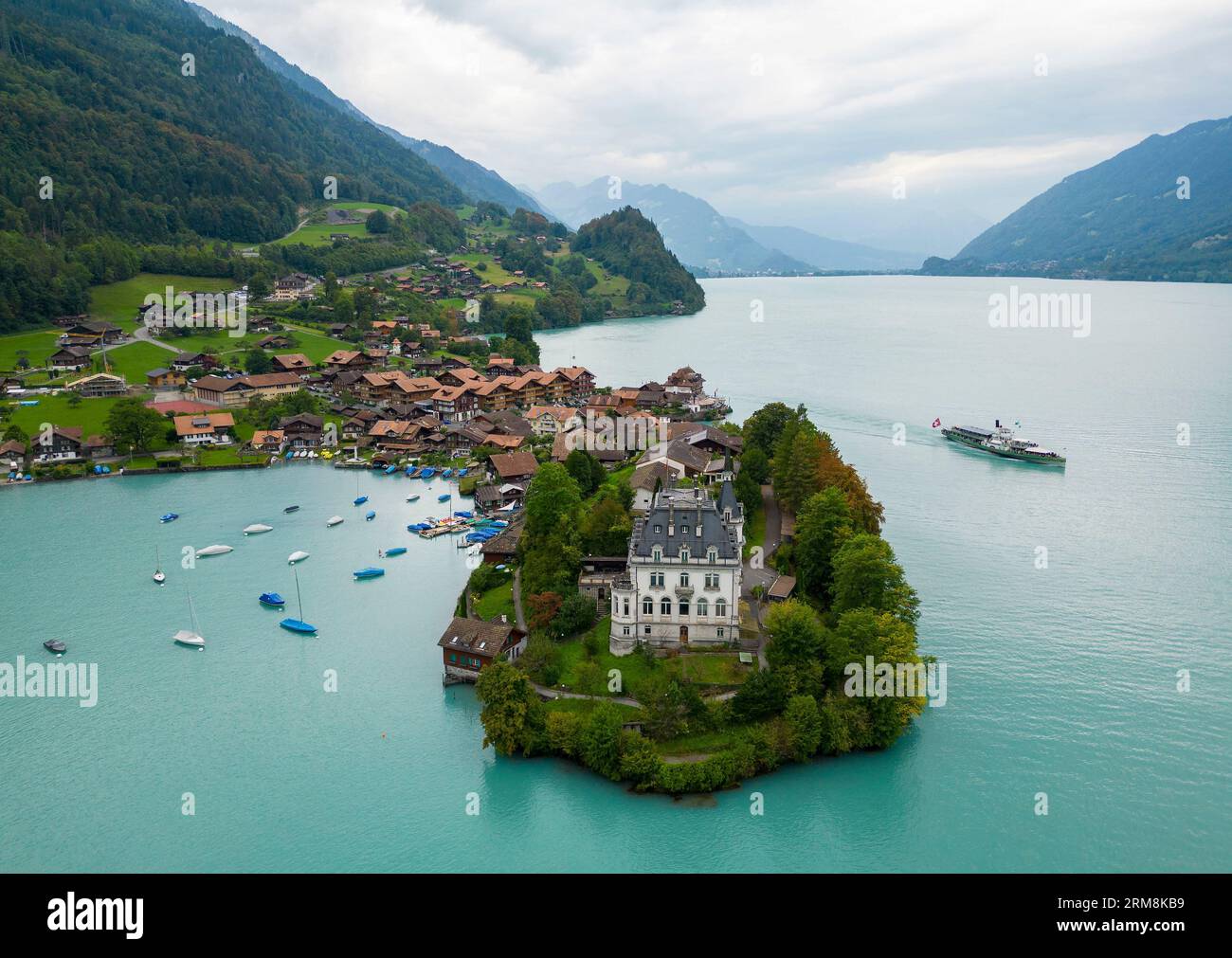 Aerial view of Iseltwald village on the southern shore of Lake Brienz ...