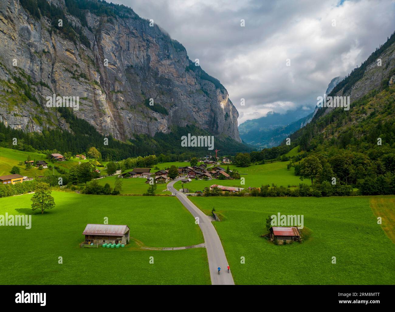 Aerial view of Stechelberg and the Lauterbrunnen valley, Canton of Bern ...