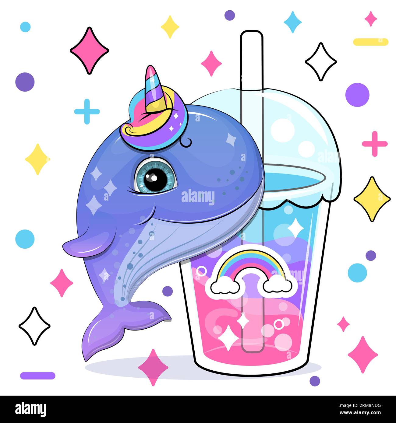 Cute cartoon blue whale and rainbow drink. Vector illustration of ...