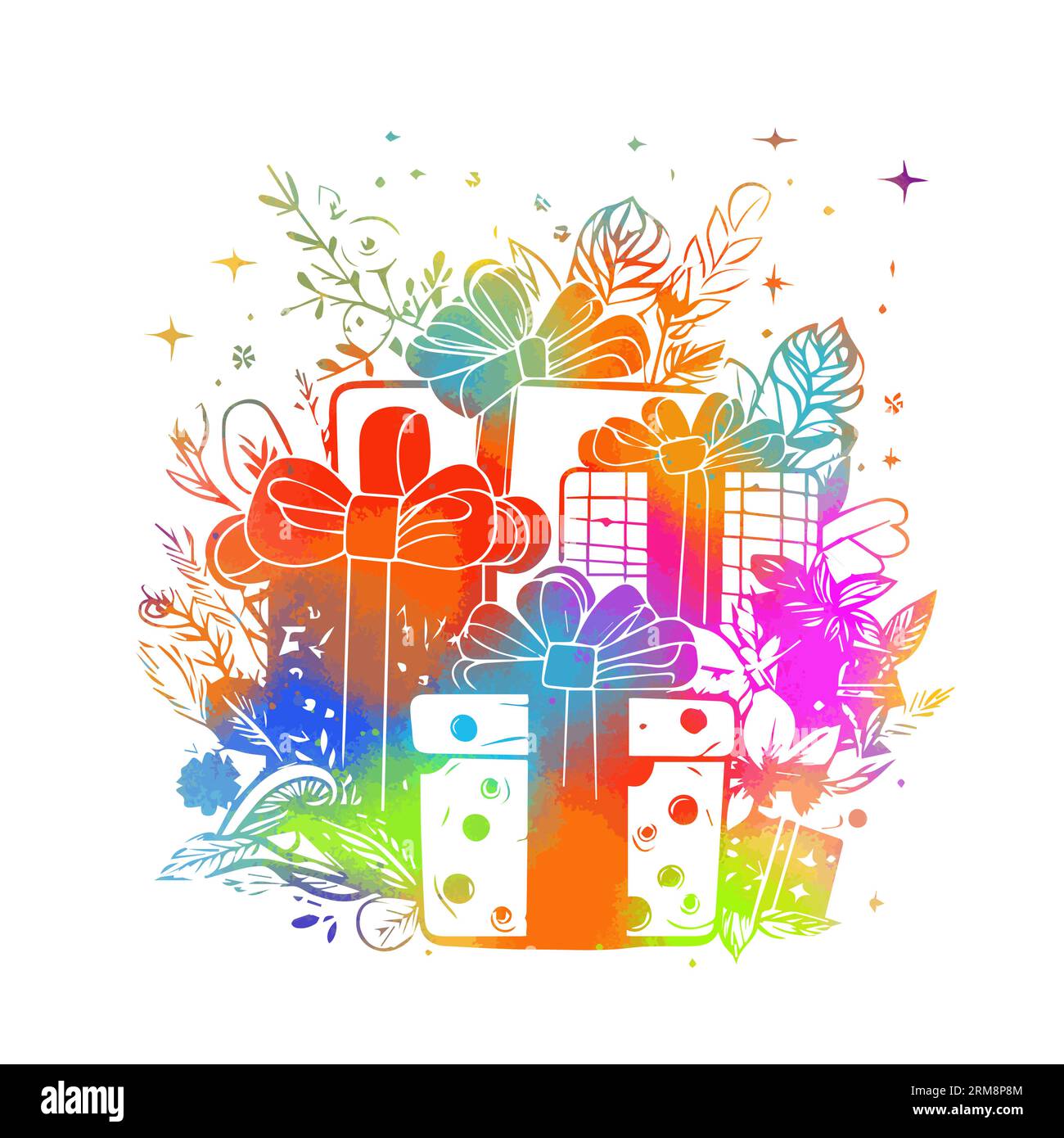 Merry Christmas and Happy New Year design. Colored Christmas gifts ...