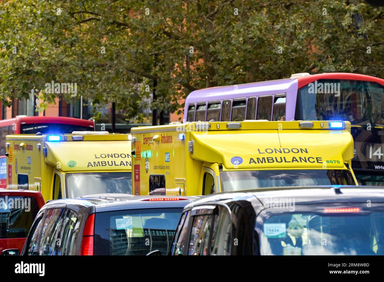 London, England, UK - 22 August 2023: Two emergency ambulances of the ...