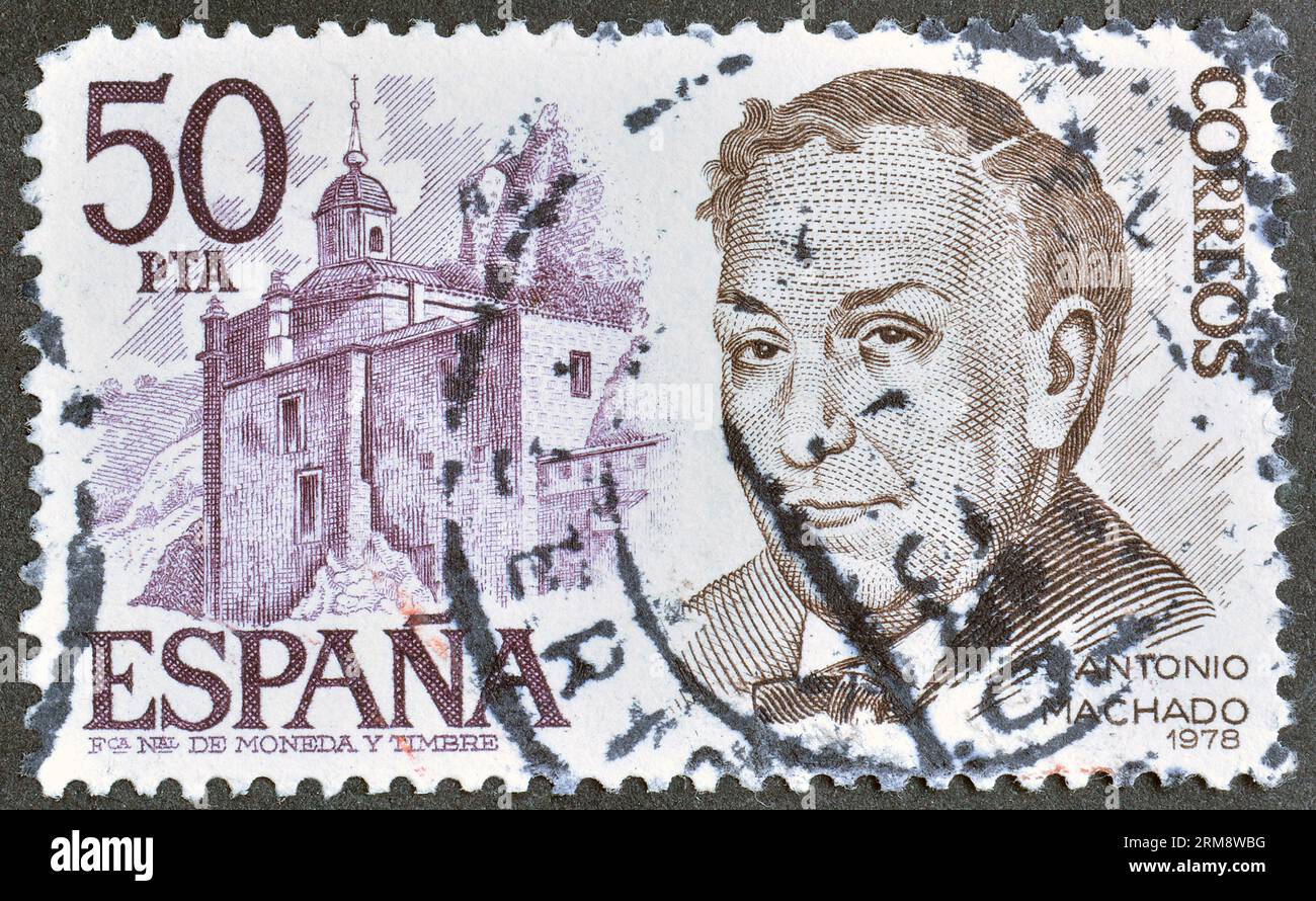 Cancelled postage stamp printed by Spain, that shows portrait of writer ...