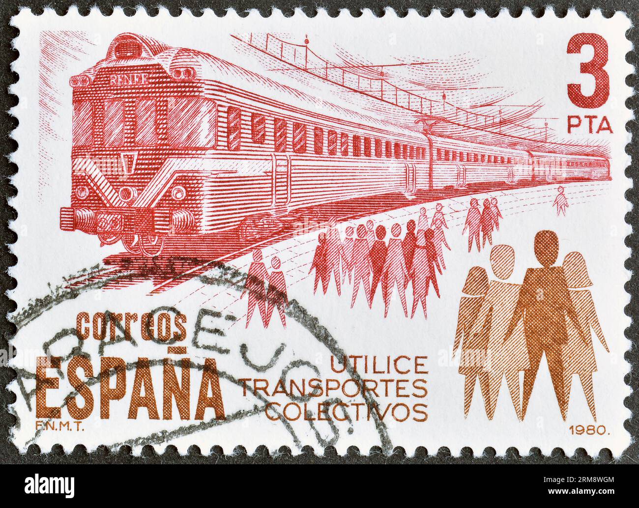 Cancelled postage stamp printed by Spain, that shows Electric Train ...