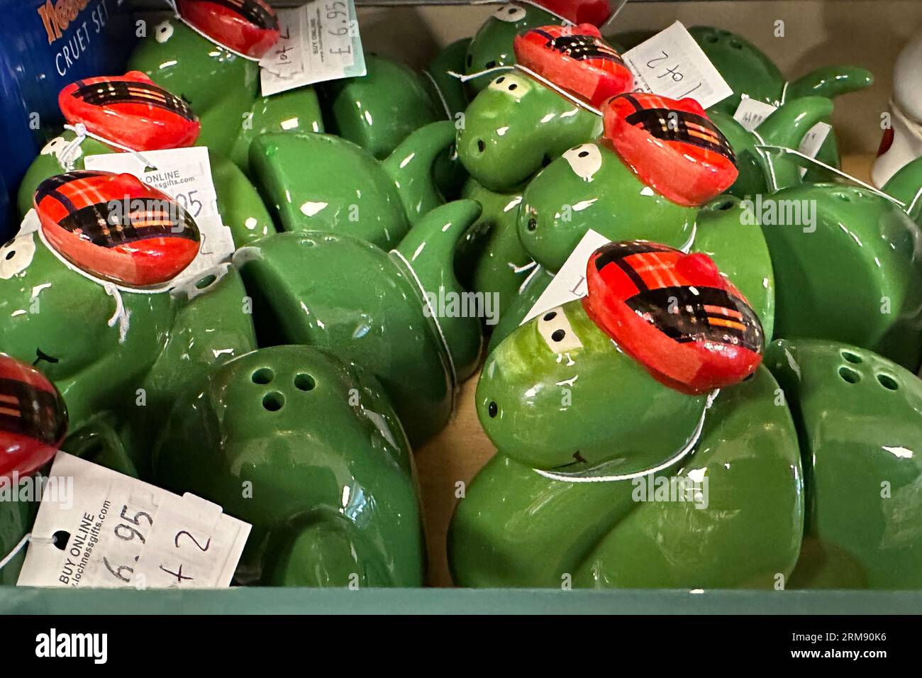 Drumnadrochit, UK. 27th Aug, 2023. Salt shakers in the shape of Nessie ...