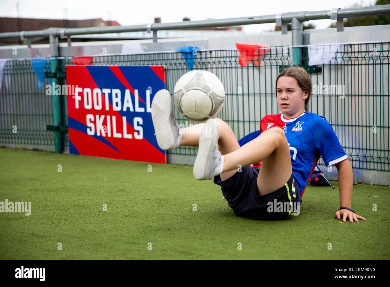 London, UK. 27th August, 2023. A female freestyle footballer shows of ...