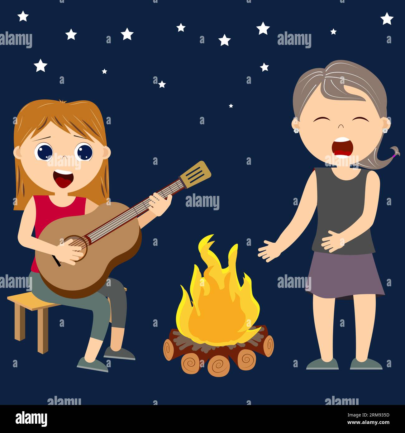 Two female friends sing and play the guitar by the fire at night ...