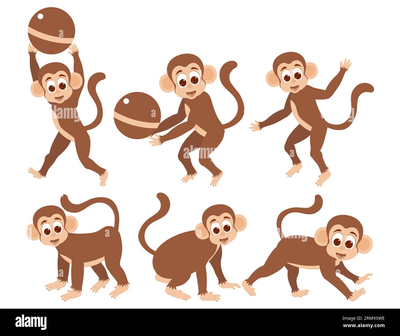 Several monkeys are sitting, jumping and playing with a ball. Vector ...