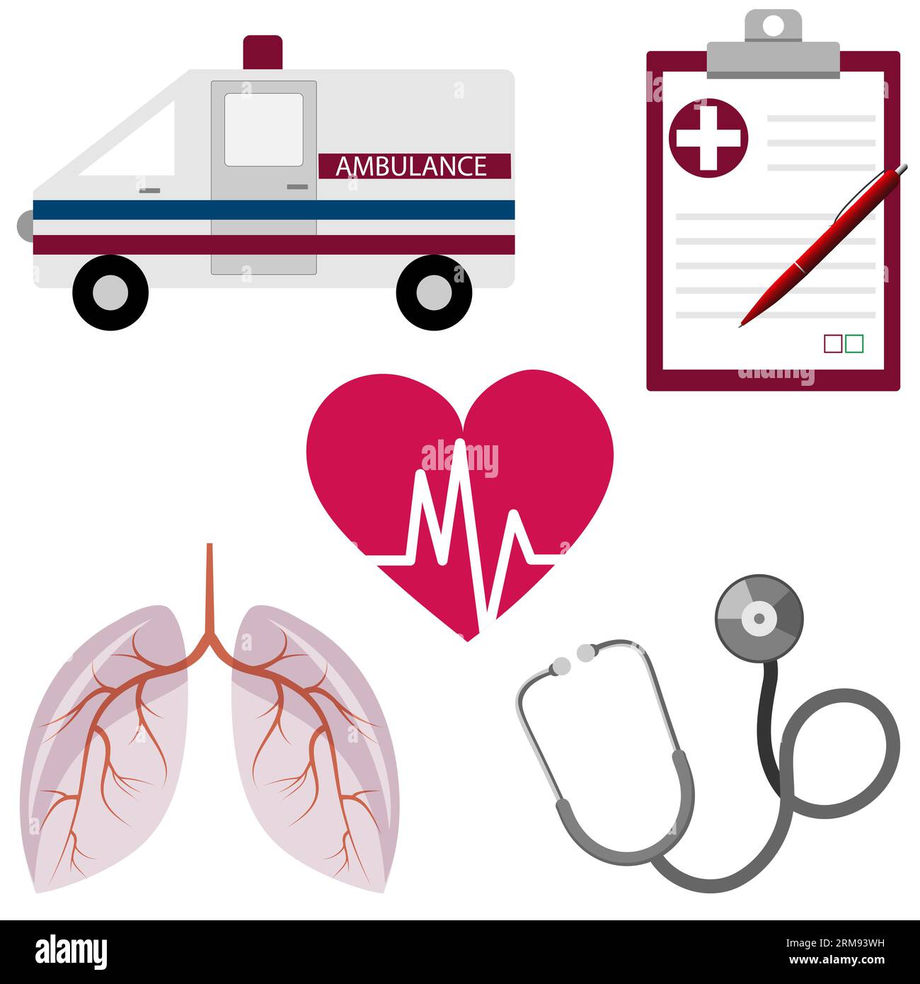 Pharmaceutical medications. Ambulance, cardiogram, lungs on a white ...