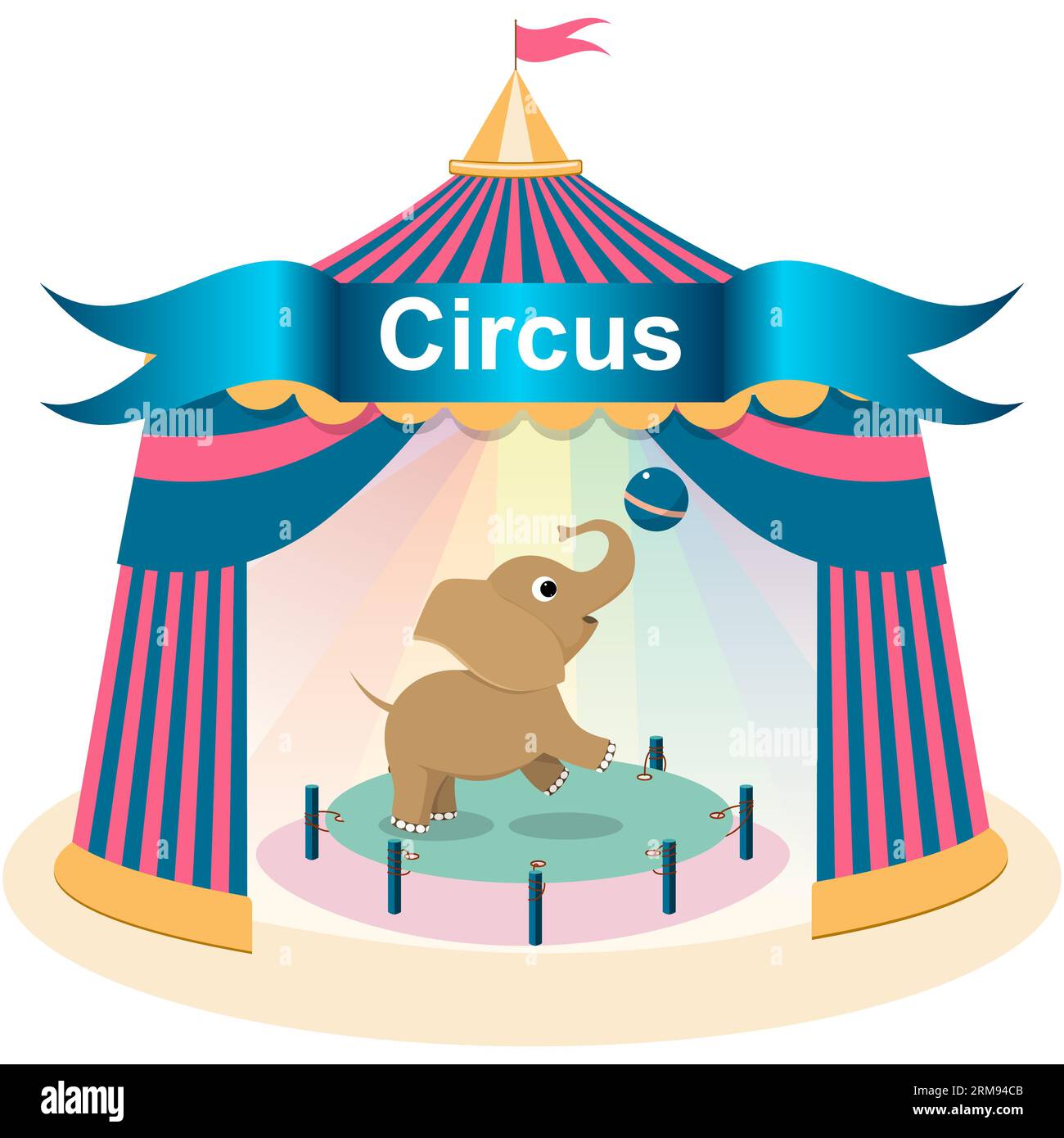 Circus banner, background with tent, baby elephant playing with a ball ...
