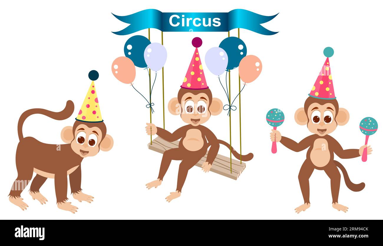 Circus banner and three monkeys in clown hats. Vector illustration ...