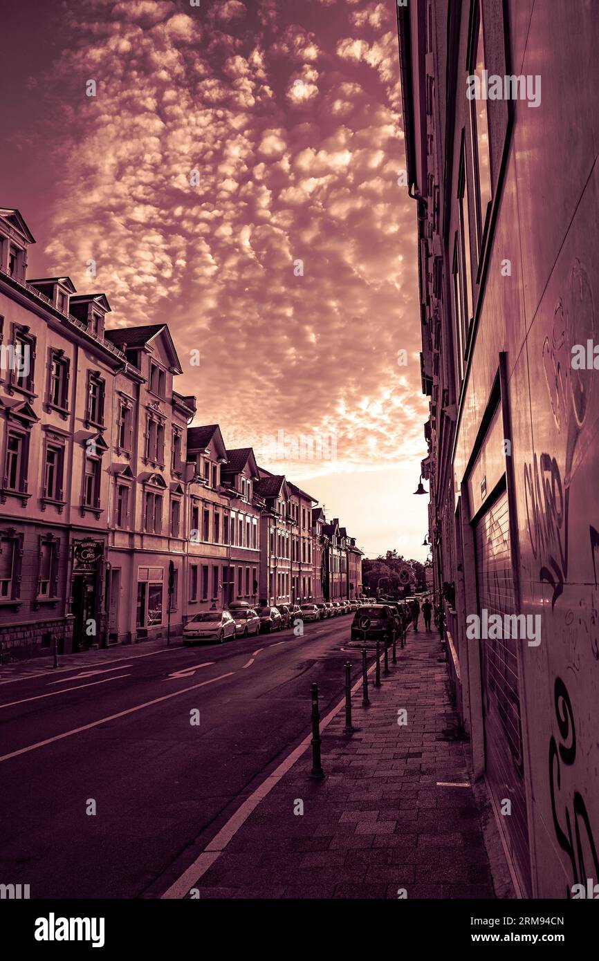 street at sunset in monochrome sepia like color near Frankfurt Germany ...