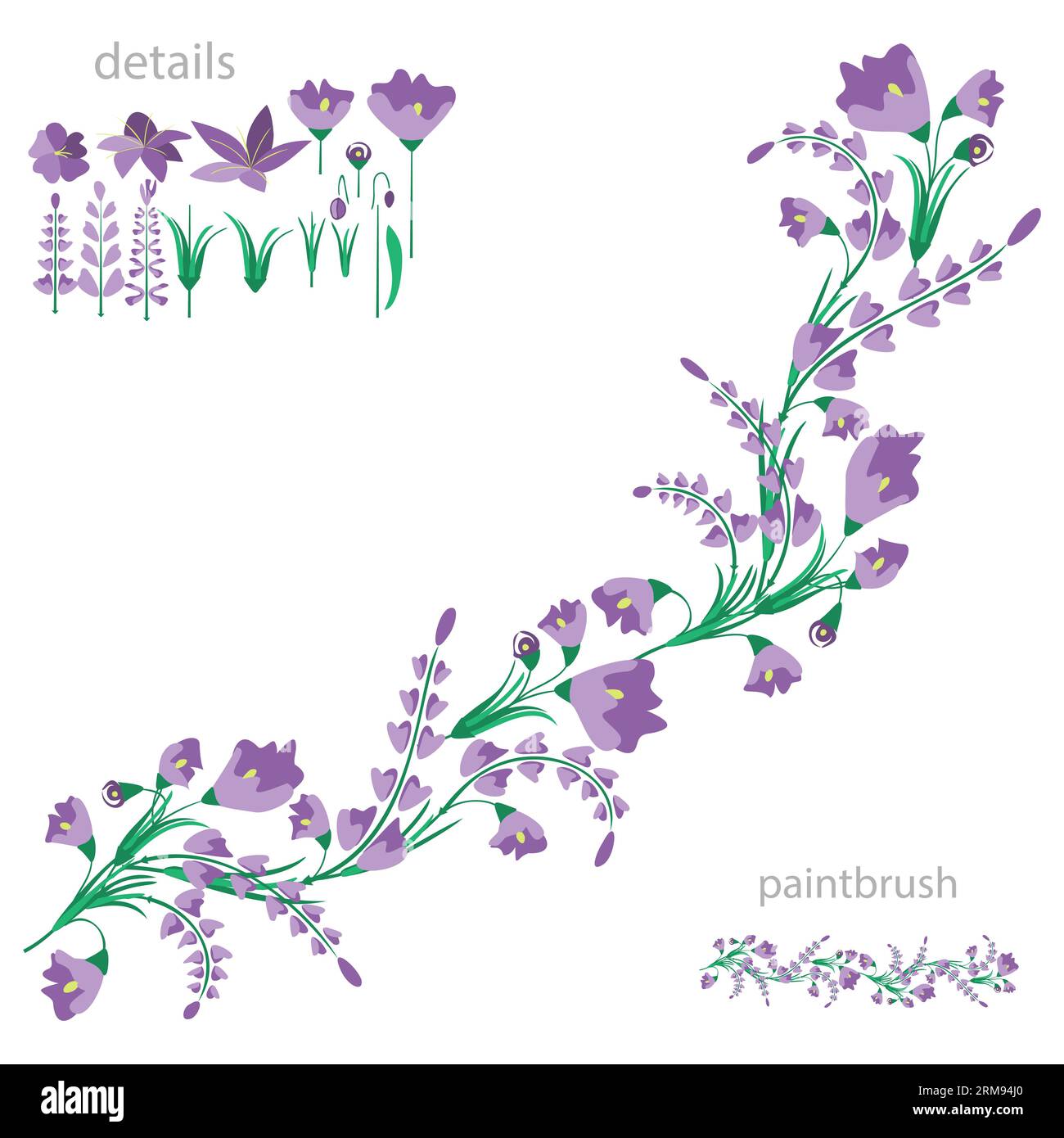 Vector floral set of blue flowers and leaves. Isolated illustration ...