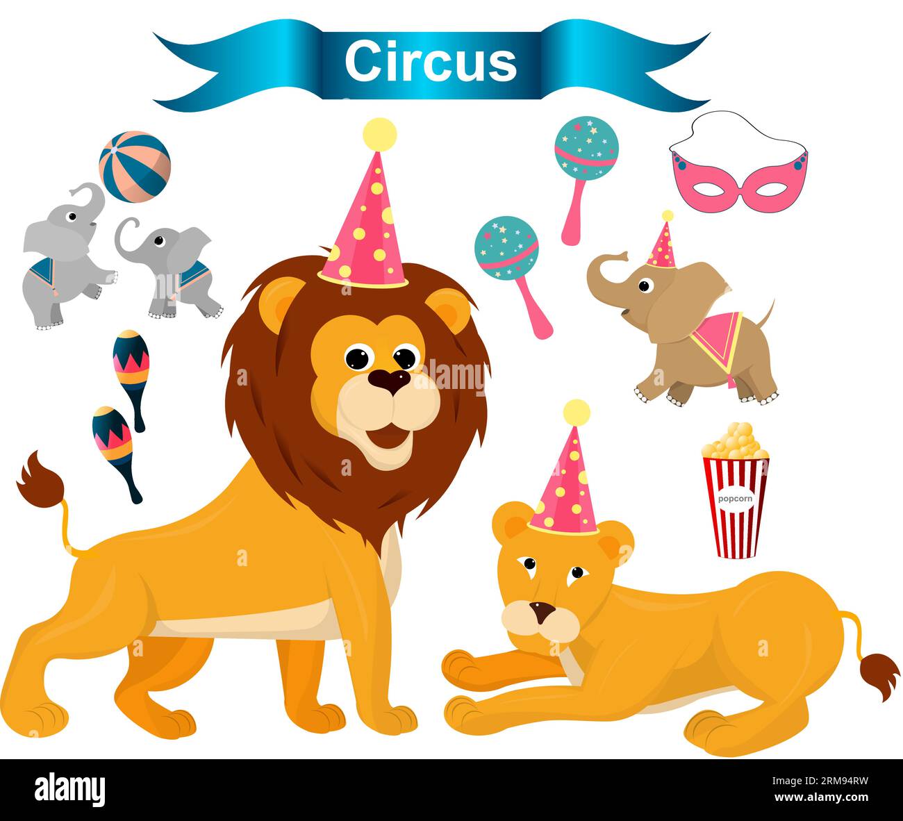 Lion, lioness and elephants in a set with circus objects. Vector ...